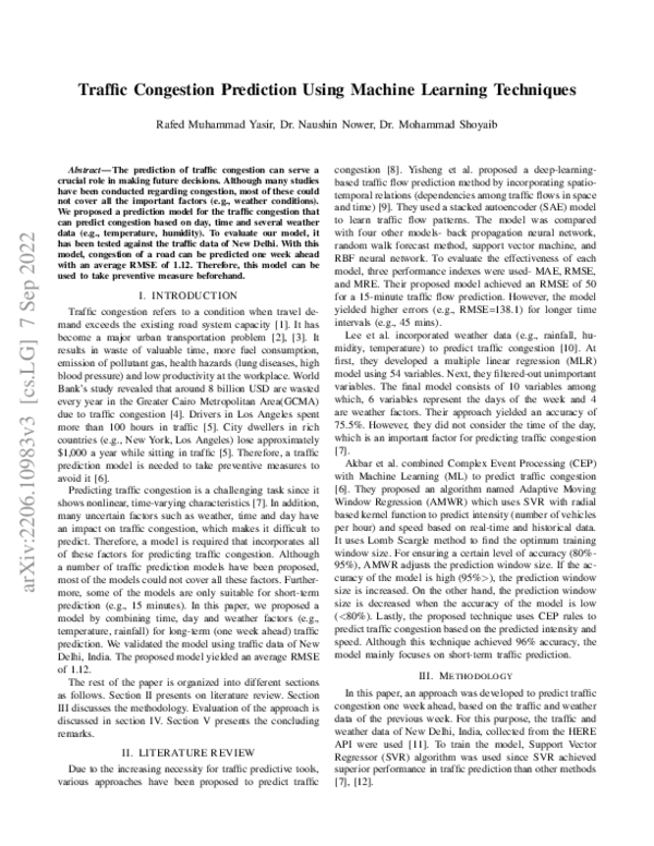 Pdf Traffic Congestion Prediction Using Machine Learning Techniques