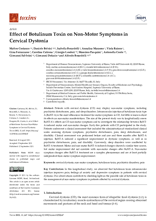 (PDF) Effect of Botulinum Toxin on Non-Motor Symptoms in Cervical Dystonia | Antonella Conte ...