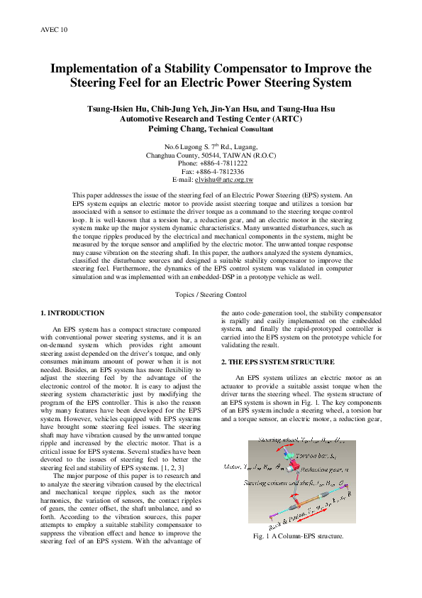 (PDF) Implementation of a Stability Compensator to Improve the Steering Feel for an Electric ...