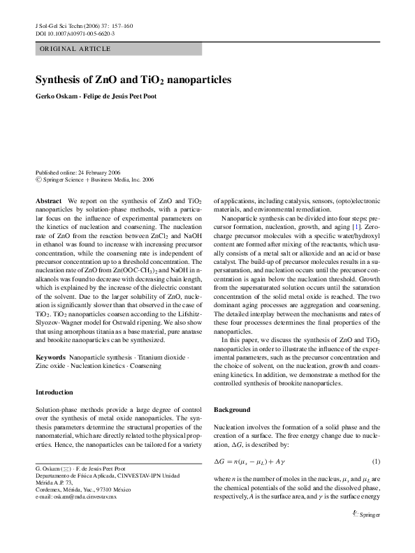 Pdf Synthesis Of Zno And Tio2 Nanoparticles