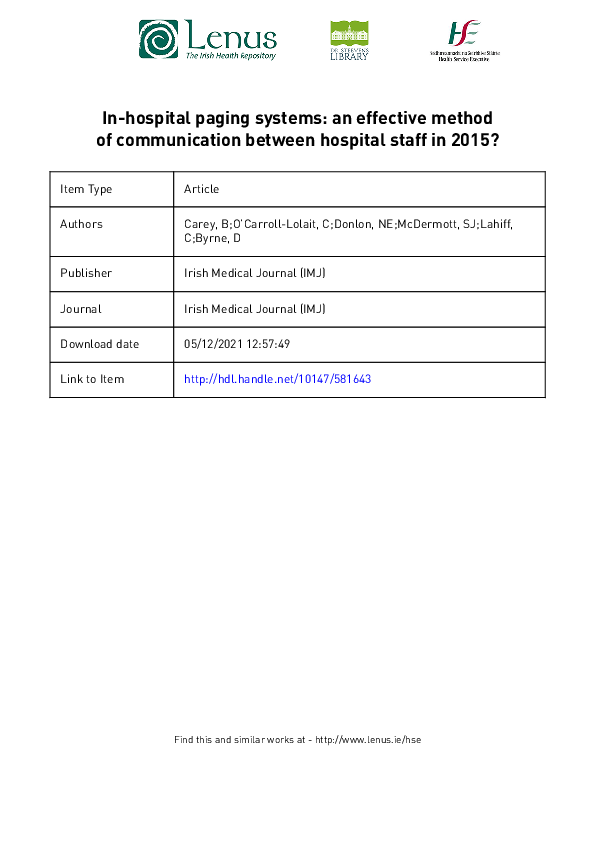 (PDF) In-hospital Paging Systems: An Effective Method of Communication ...