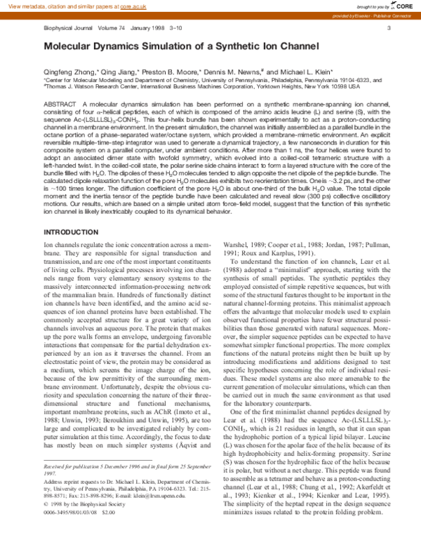 (PDF) Molecular Dynamics Simulation of a Synthetic Ion Channel