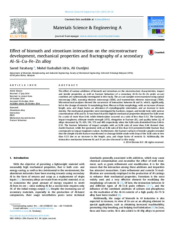 (PDF) Effect of bismuth and strontium interaction on the microstructure development, mechanical ...