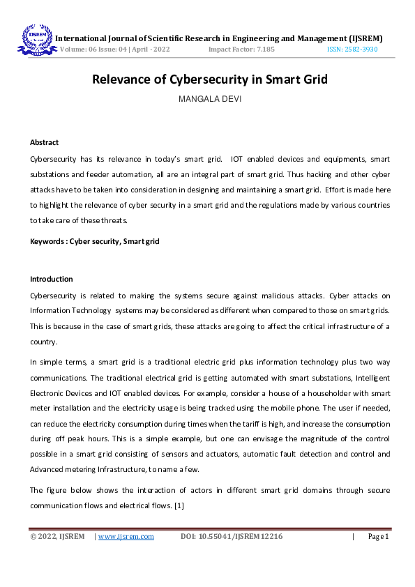 (PDF) Relevance of Cybersecurity in Smart Grid