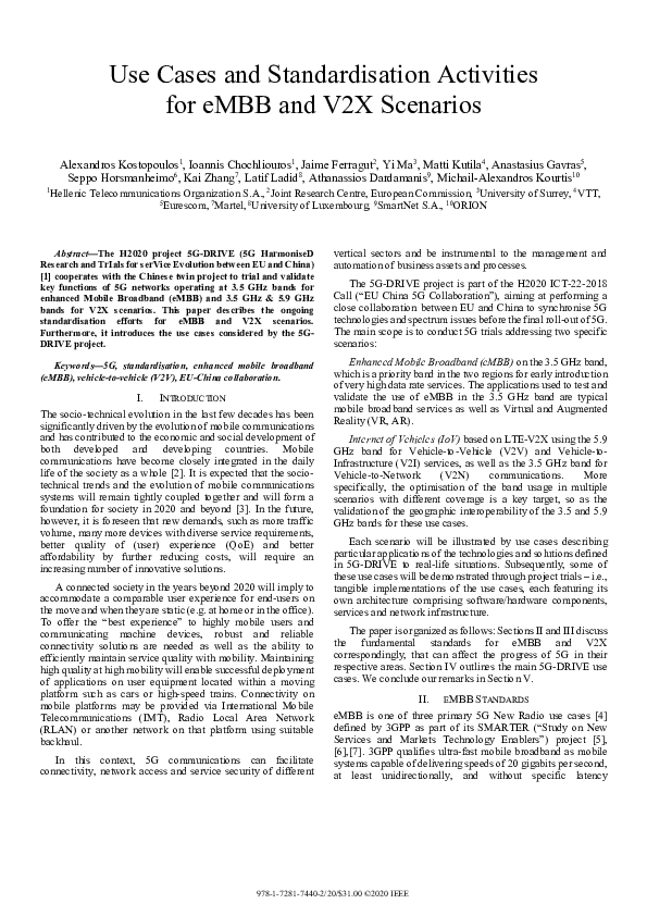 (PDF) Use Cases and Standardisation Activities for eMBB and V2X Scenarios