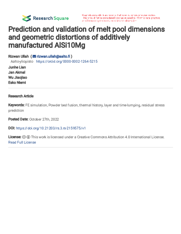 (PDF) Prediction and validation of melt pool dimensions and geometric distortions of additively ...