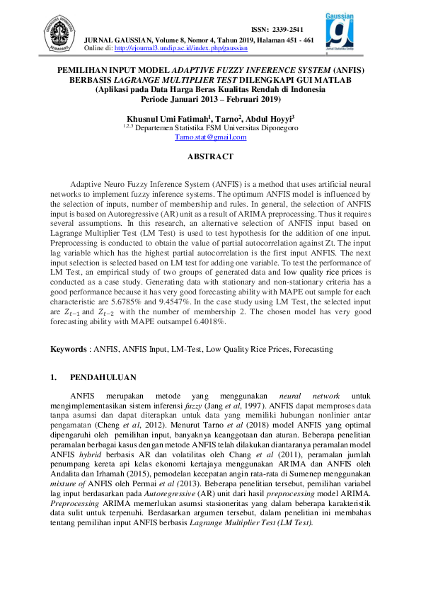 (PDF) PEMILIHAN INPUT MODEL ADAPTIVE FUZZY INFERENCE SYSTEM (ANFIS) BERBASIS LAGRANGE MULTIPLIER ...