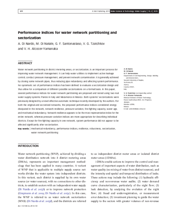 Pdf Performance Indices For Water Network Partitioning And Sectorization