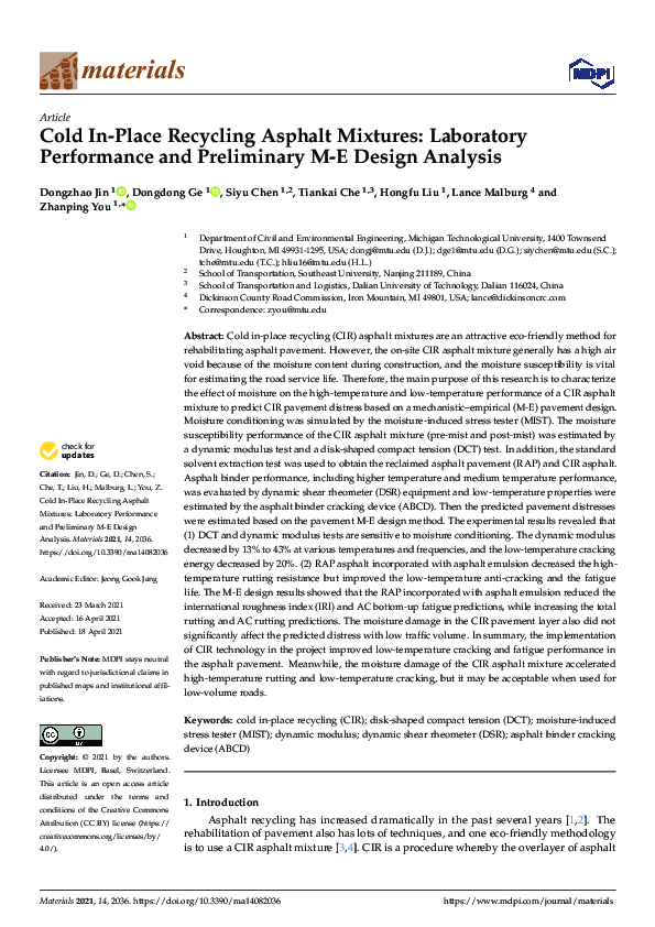 (PDF) Cold In-Place Recycling Asphalt Mixtures: Laboratory Performance ...