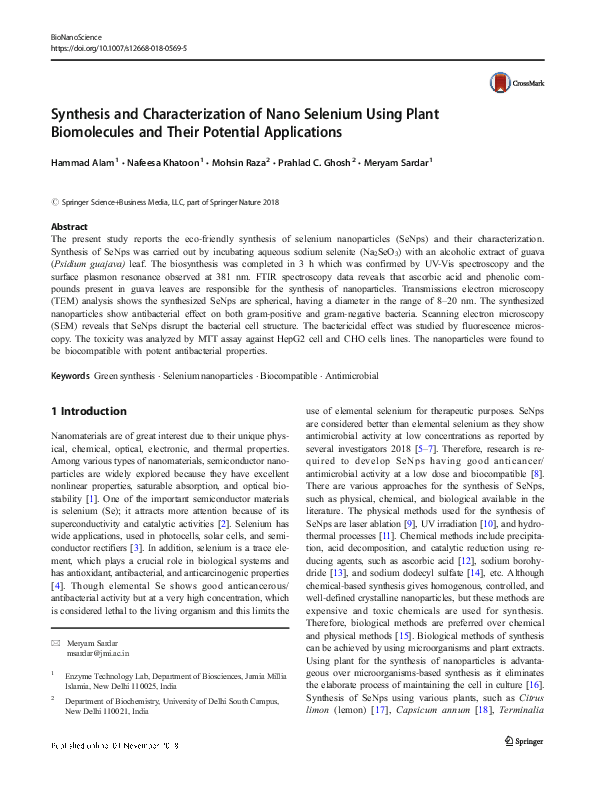 Pdf Synthesis And Characterization Of Nano Selenium Using Plant