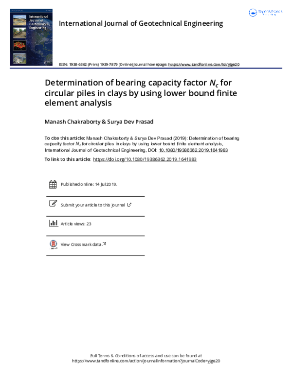 (PDF) Determination of bearing capacity factor Nc for circular piles in clays by using lower ...