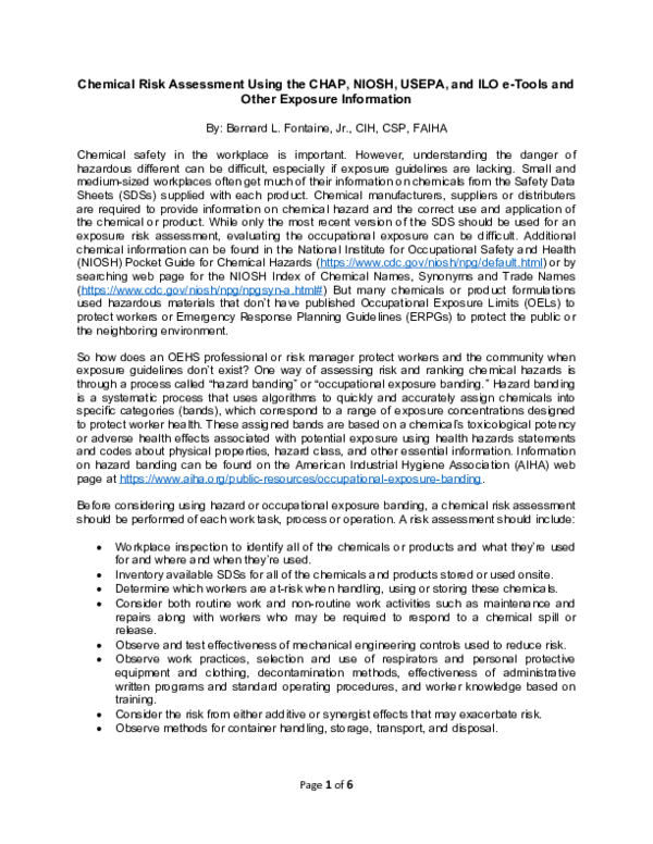 (DOC) Chemical Risk Assessment Using the CHAP, NIOSH, USEPA, and ILO e ...