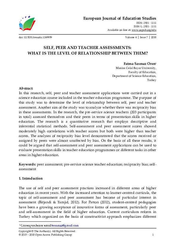 (PDF) Self, Peer and Teacher Assessments: What is the Level of Relationship Between Them?