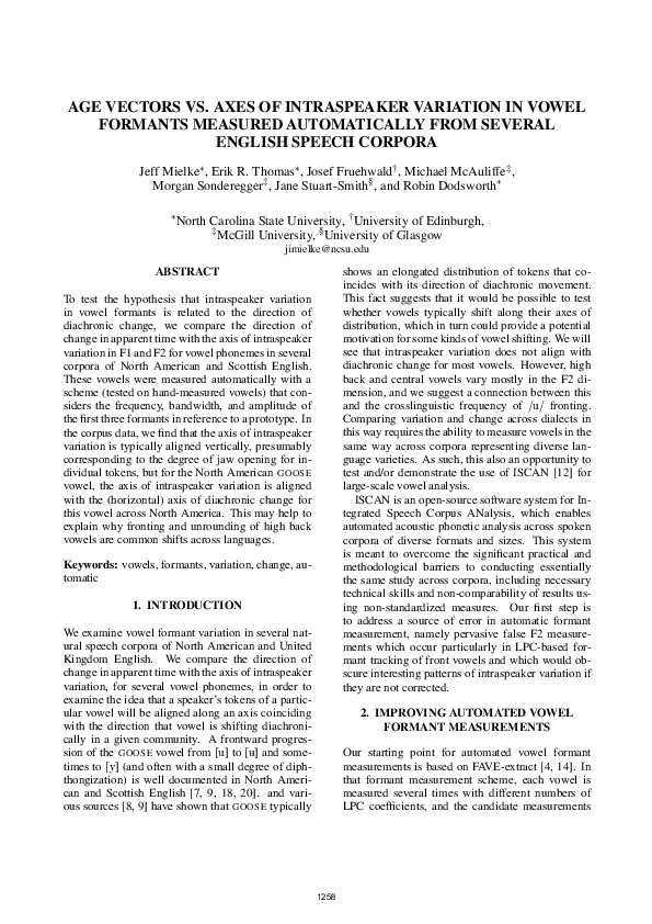 (PDF) Age Vectors vs. Axes of Intraspeaker Variation in Vowel Formants Measured Automatically ...