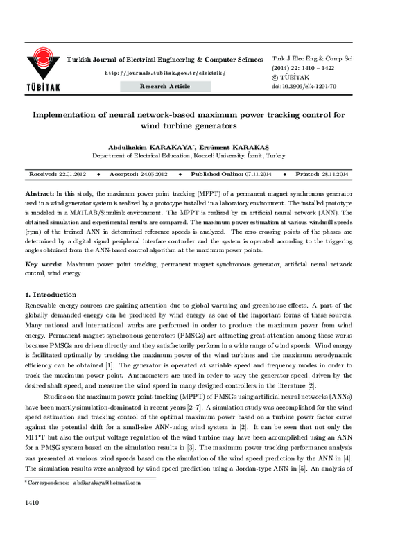 Pdf Implementation Of Neural Network Based Maximum Power Tracking Control For Wind Turbine 