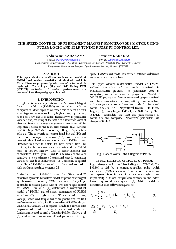 (PDF) The Speed Control of Permanent Magnet Synchronous Motor Using Fuzzy Logic and Self Tuning ...