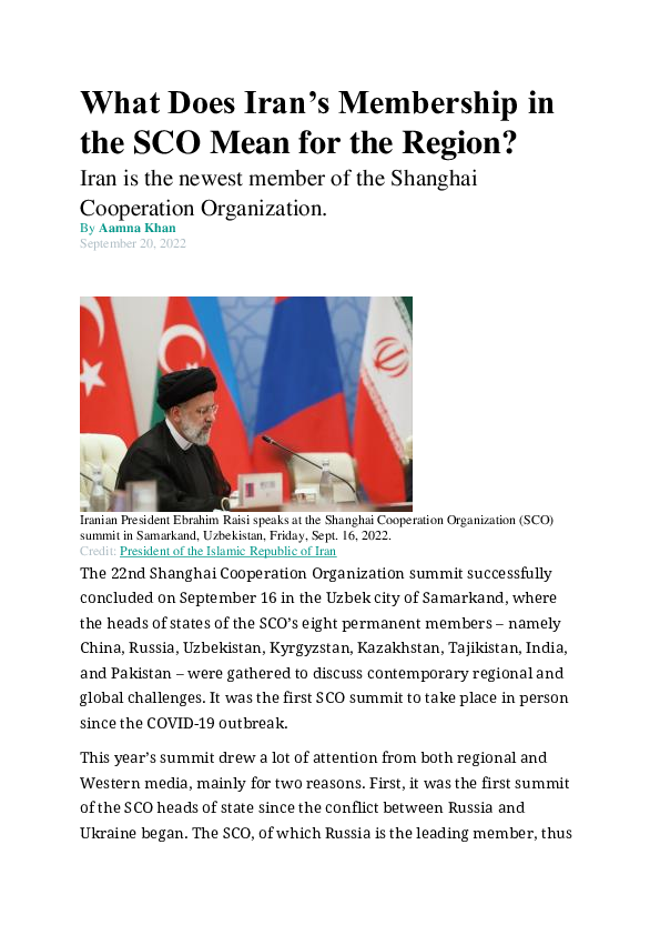(PDF) What Does Iran’s Membership in the SCO Mean for the Region?