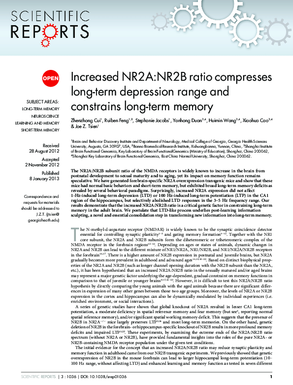 (PDF) Increased NR2A:NR2B ratio compresses long-term depression range ...