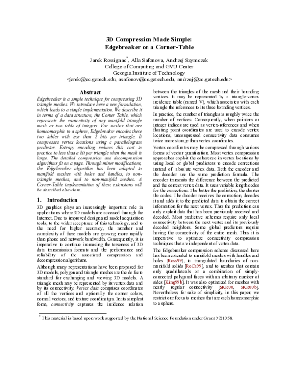 (PDF) 3D Compression Made Simple: Edgebreaker on a Corner-Table