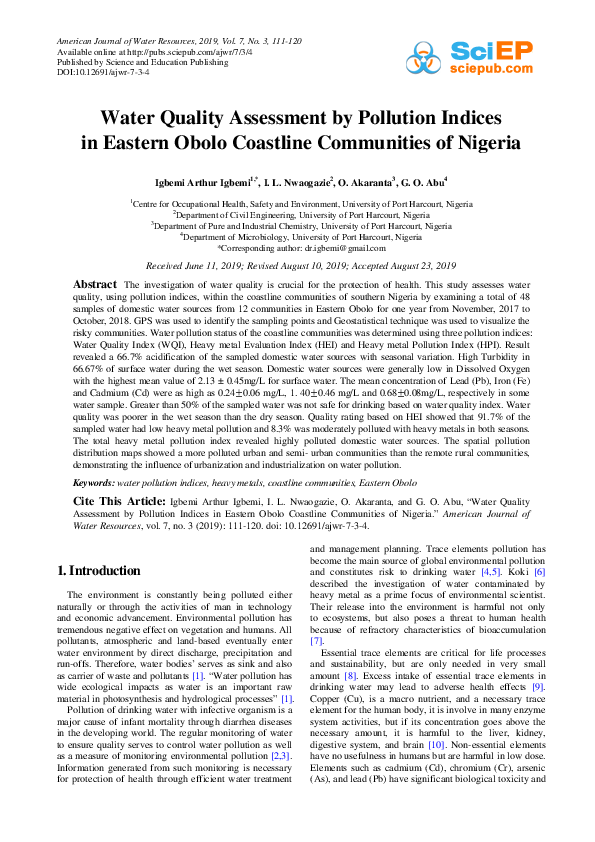 (PDF) Water Quality Assessment by Pollution Indices in Eastern Obolo ...
