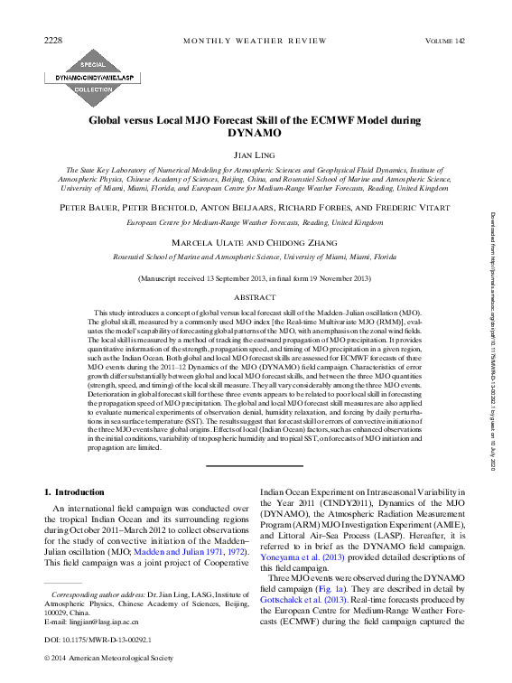 (PDF) Global versus Local MJO Forecast Skill of the ECMWF Model during DYNAMO | Richard Forbes ...