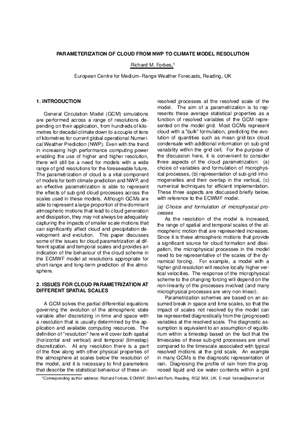 Pdf Parameterization Of Cloud From Nwp To Climate Model Resolution