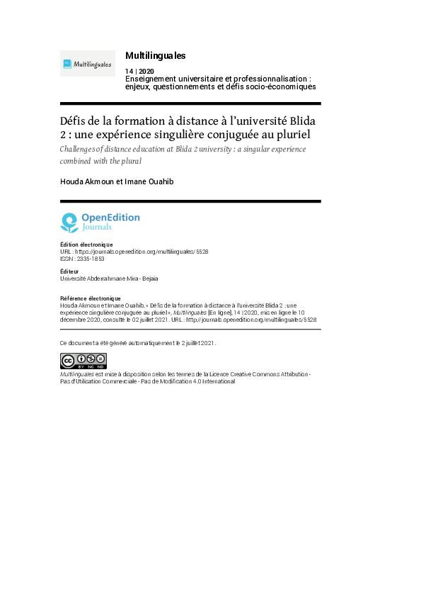 (PDF) Défis de la formation à distance à l’université Blida 2 : une ...