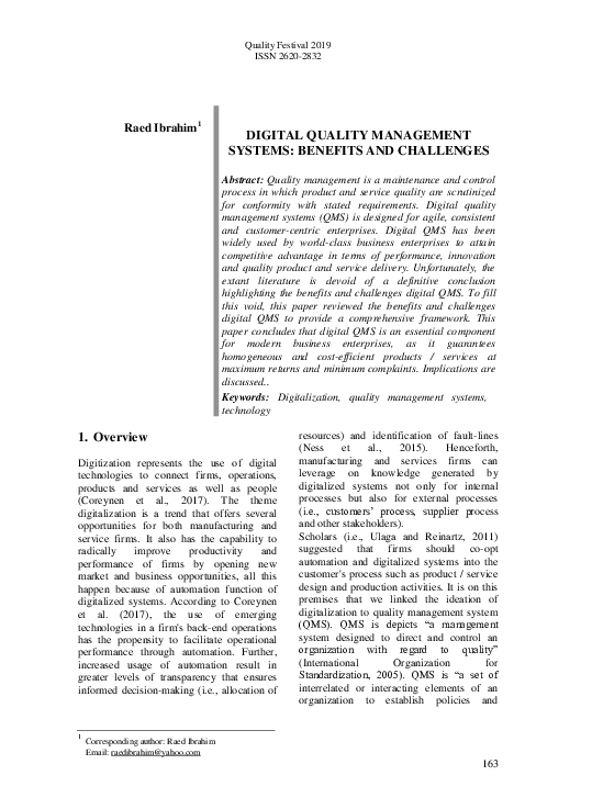 (PDF) Digital Quality Management Systems: Benefits and Challenges