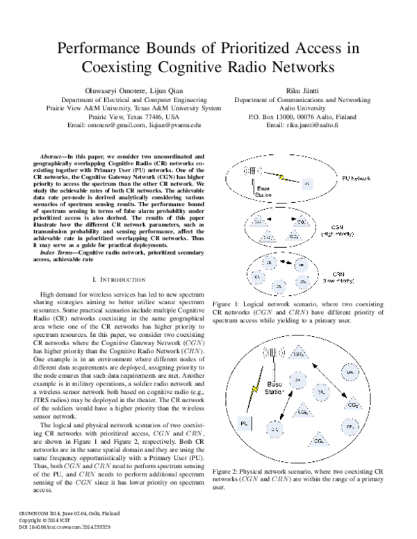 (PDF) Performance Bounds of Prioritized Access in Coexisting Cognitive Radio Networks