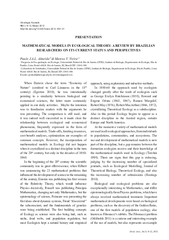 (PDF) Mathematical Models in Ecological Theory: A Review by Brazilian ...