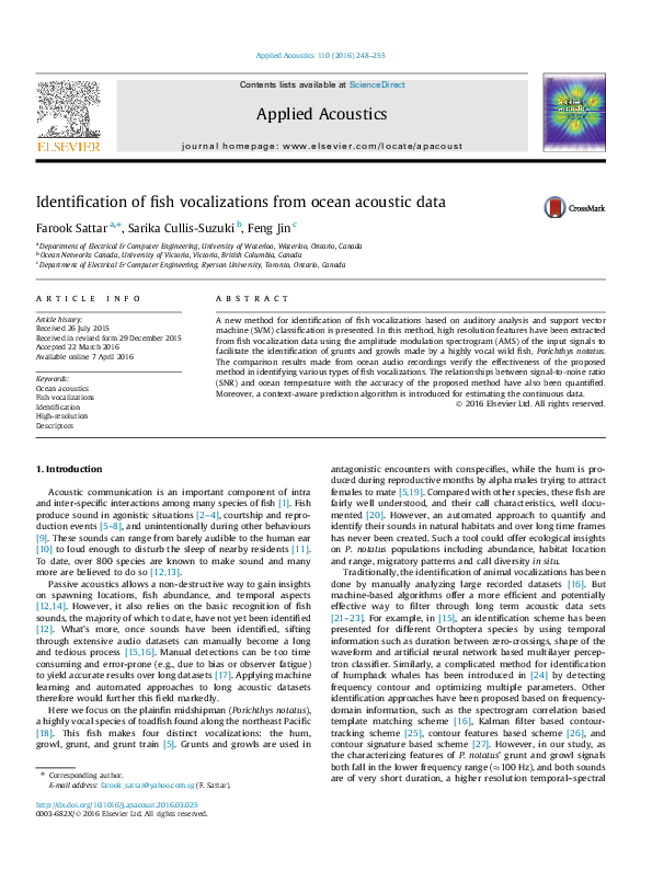 (PDF) Identification of fish vocalizations from ocean acoustic data