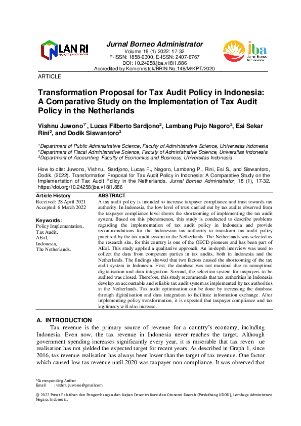 (PDF) Transformation Proposal for Tax Audit Policy in Indonesia: A Comparative Study on the ...