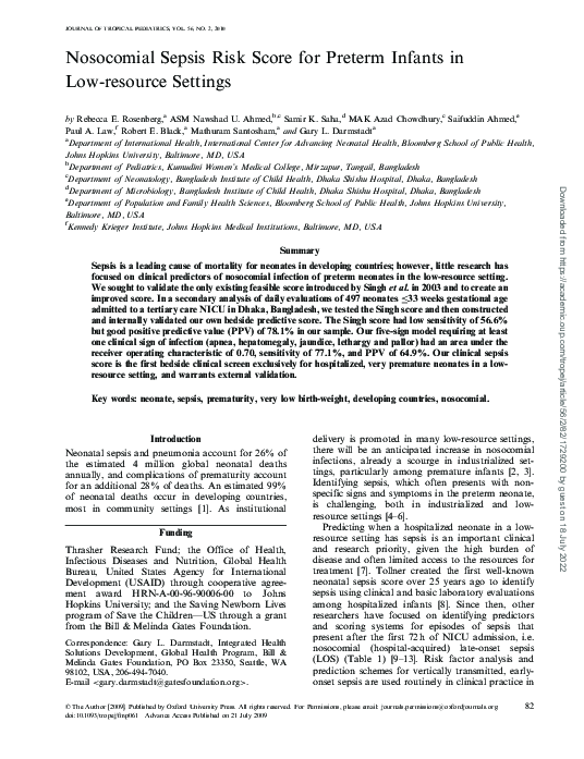 (PDF) Nosocomial Sepsis Risk Score for Preterm Infants in Low-resource ...