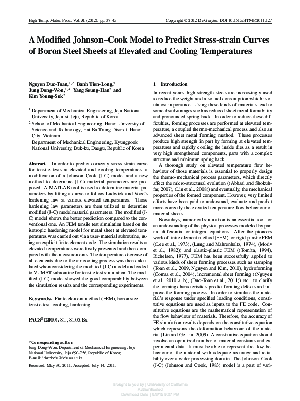 (PDF) A Modified Johnson–Cook Model to Predict Stress-strain Curves of ...