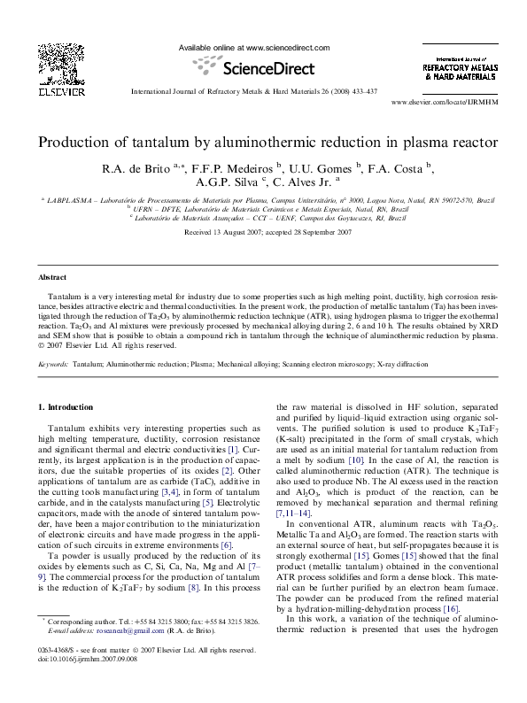 (PDF) Production of tantalum by aluminothermic reduction in plasma reactor