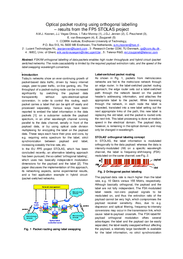 (PDF) Optical packet routing using orthogonal labelling - results from the FP5 STOLAS project