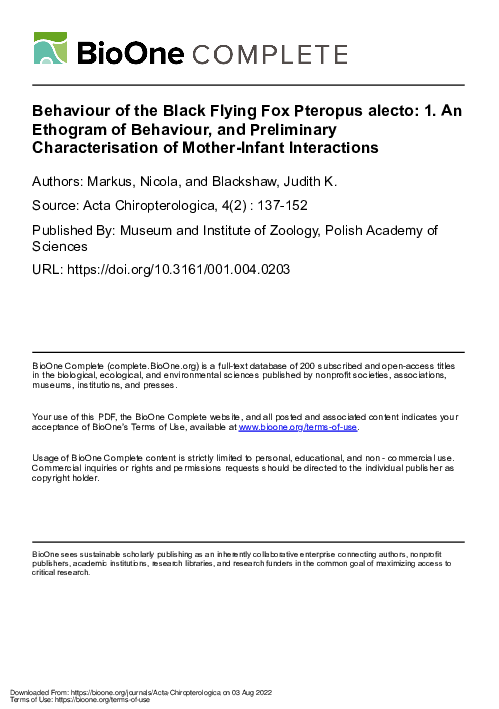 (PDF) Behaviour of the Black Flying FoxPteropus alecto: 1. An Ethogram ...