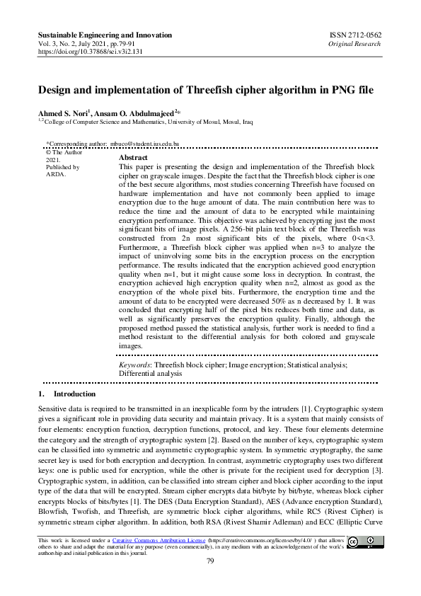(PDF) Design and implementation of Threefish cipher algorithm in PNG file