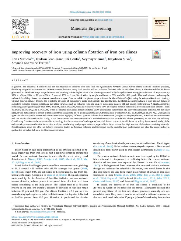 (PDF) Improving recovery of iron using column flotation of iron ore slimes