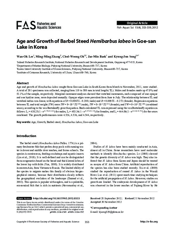 (PDF) Age and Growth of Barbel Steed Hemibarbus labeo in Goe-san Lake ...
