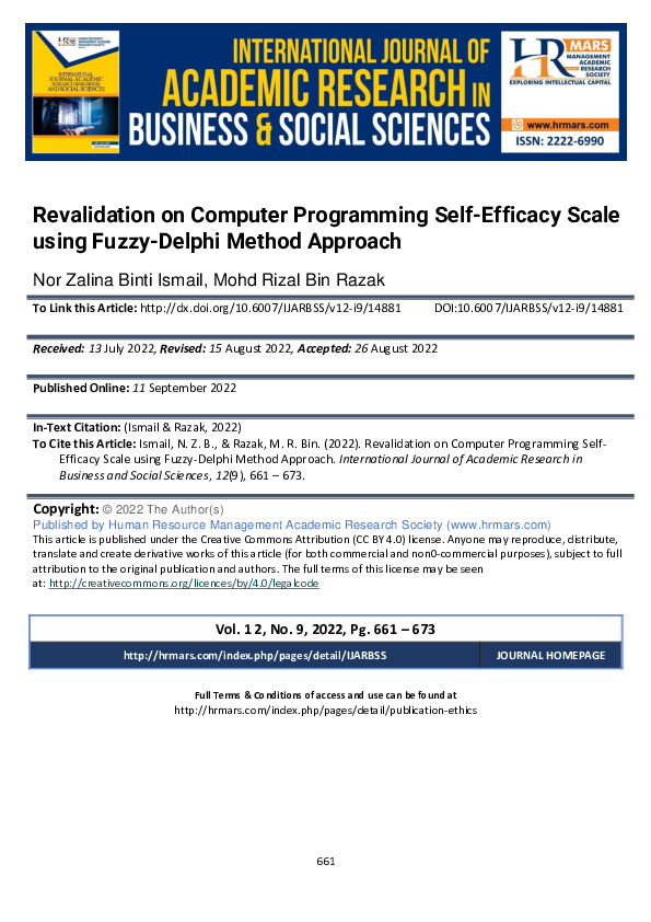 Pdf Revalidation On Computer Programming Self Efficacy Scale Using Fuzzy Delphi Method Approach