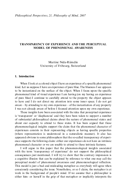 (PDF) Transparency of Experience and the Perceptual Model of Phenomenal ...