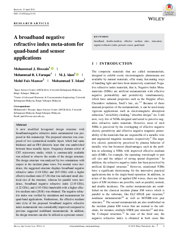 (PDF) A broadband negative refractive index meta-atom for quad-band and sensor applications