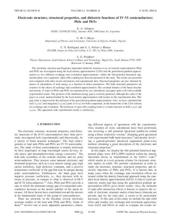 Pdf Electronic Structure Structural Properties And Dielectric Functions Of Iv Vi