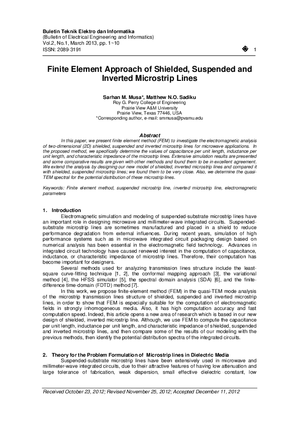 (PDF) Finite Element Approach of Shielded, Suspended and Inverted Microstrip Lines