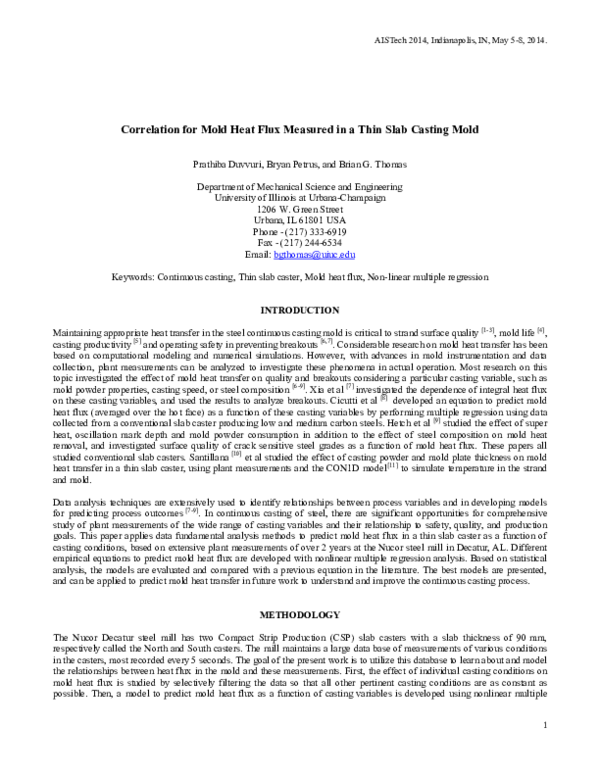 (PDF) Correlation for Mold Heat Flux Measured in a Thin Slab Casting ...