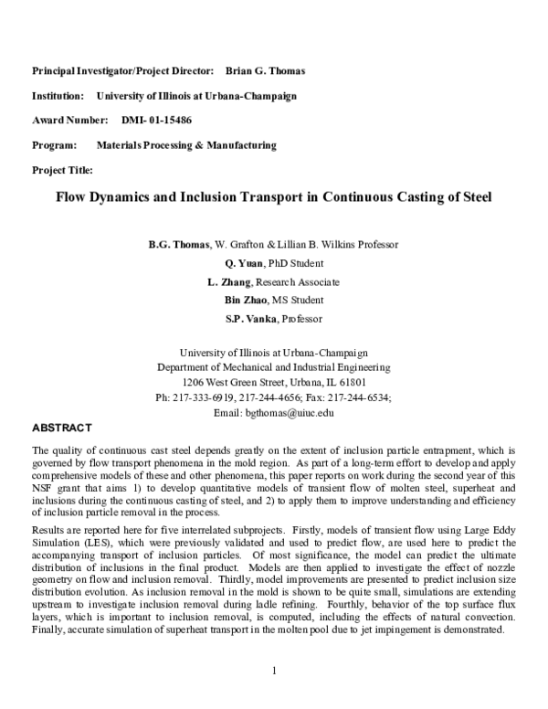 (PDF) Flow Dynamics and Inclusion Transport in Continuous Casting of Steel