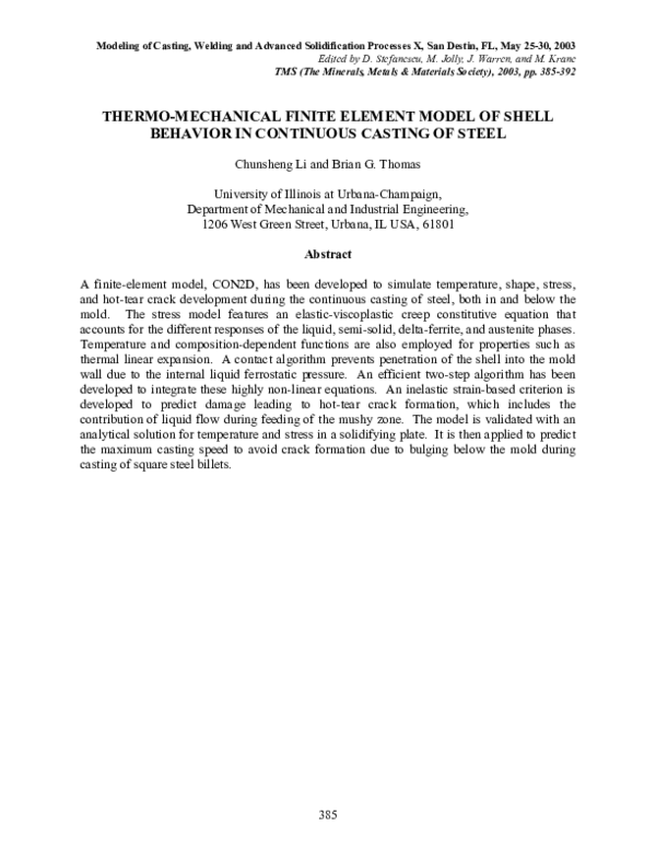 (PDF) Thermomechanical finite-element model of shell behavior in continuous casting of steel