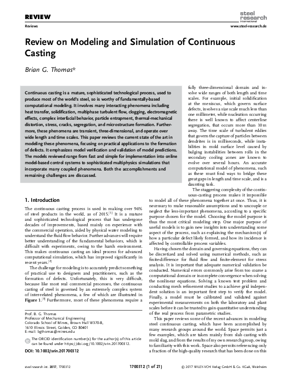 (PDF) Review on Modeling and Simulation of Continuous Casting