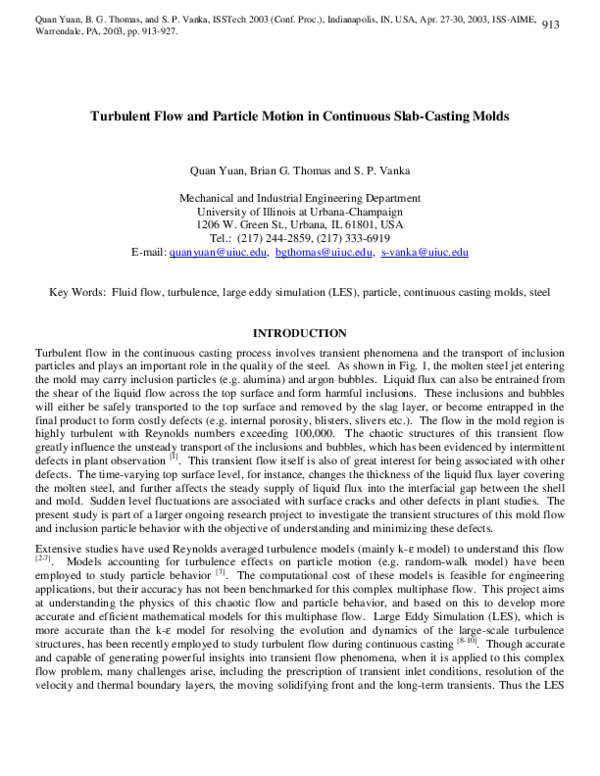 Pdf Turbulent Flow And Particle Motion In Continuous Slab Casting Molds